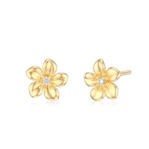 14k gold flower stud earrings for women with push backs, yellow gold blossom flower moissanite earring, anniversary mothers day jewelry gifts for mom/wife/friend