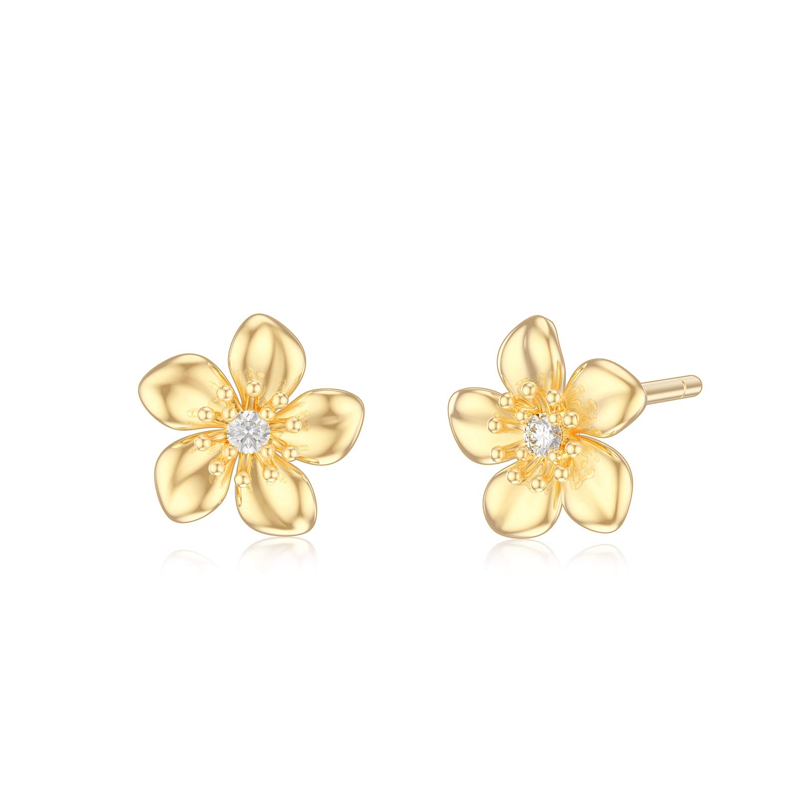 14k Gold Flower Stud Earrings for Women With Push Backs, Yellow Gold Blossom Flower Moissanite Earring, Anniversary Mothers Day Jewelry Gifts for Mom/Wife/Friend