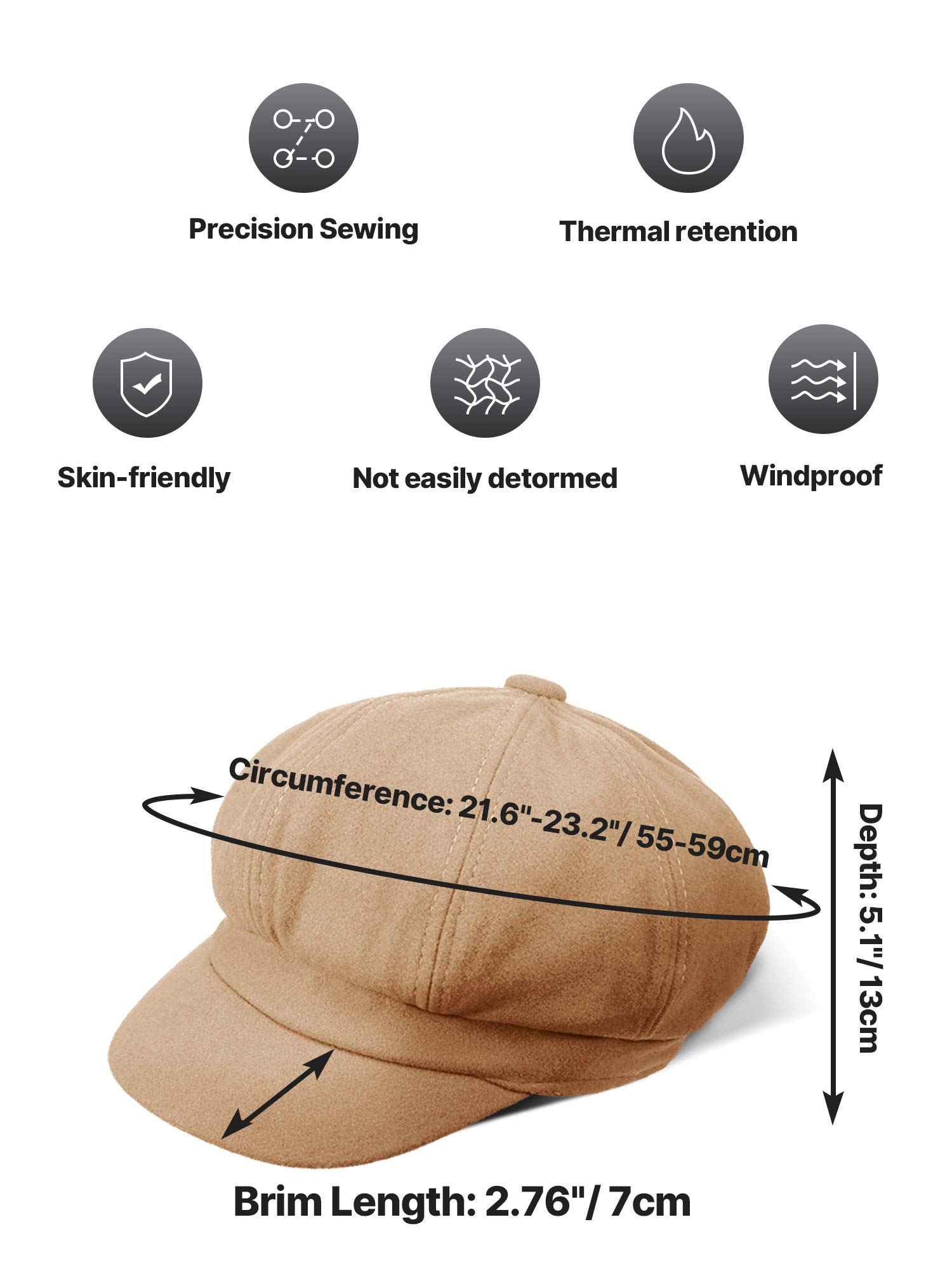 3 Pieces Newsboy Cap Adjustable Visor Beret Soft 8 Panel Vintage Cabbie Hat Octagonal Cap (Light Grey, Camel, Black)