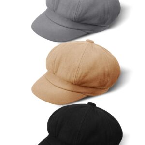 3 Pieces Newsboy Cap Adjustable Visor Beret Soft 8 Panel Vintage Cabbie Hat Octagonal Cap (Light Grey, Camel, Black)