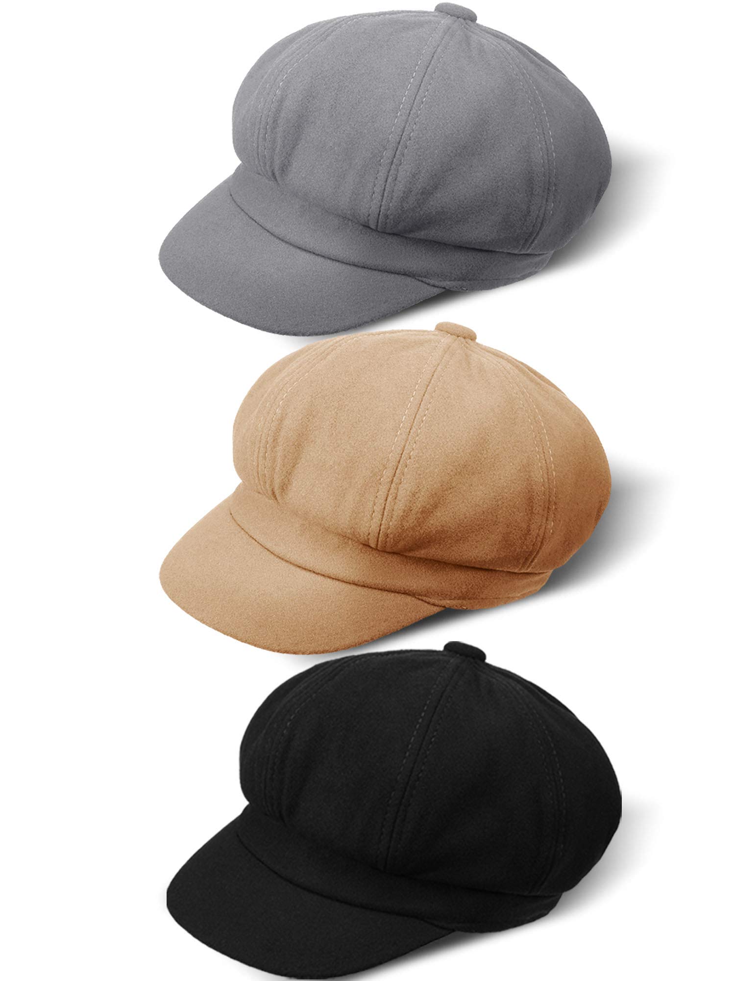 3 Pieces Newsboy Cap Adjustable Visor Beret Soft 8 Panel Vintage Cabbie Hat Octagonal Cap (Light Grey, Camel, Black)