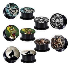 tianci fbyjs 5 pairs skull acrylic ear gauges plugs and tunnels ear stretcher expander double flared screw plug piecing (10mm=00g)