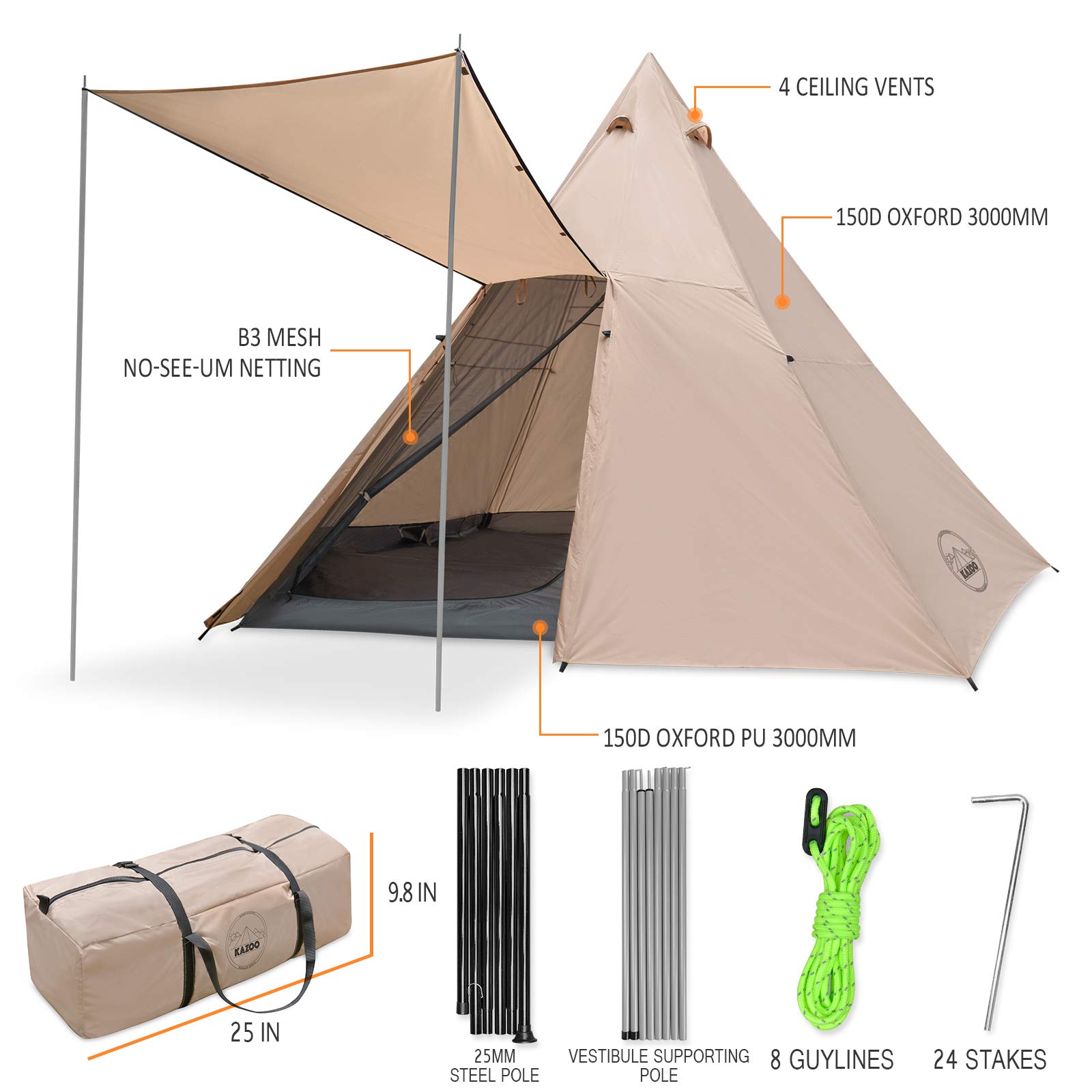 KAZOO Family Camping Tent Large Waterproof Tipi Tents 8 Person Room Teepee Tent Instant Setup Double Layer (Off-White)