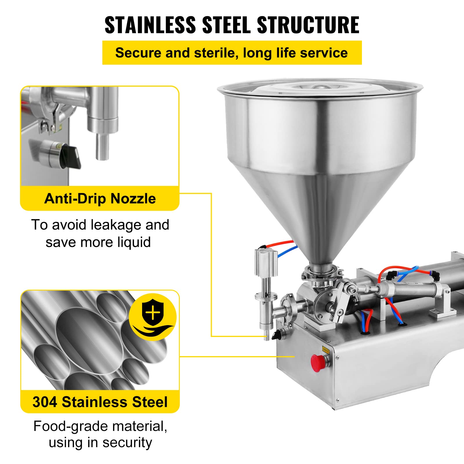 VEVOR Pneumatic Liquid Paste Filling Machine 50-500ML Volume, Horizontal Cream Filling Machine with 30L Hopper, Pneumatic liquid Filling Machine for Water Oil Cream etc.