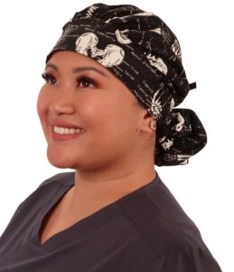 sparkling earth human body skeleton (glow in the dark) banded bouffant ponytail classic surgical style scrub working cap - made in the usa!