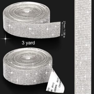 Self Adhesive Rhinestone Strips Diamond Bling Crystal Ribbon Sticker Wrap for Craft Jewel Tape Roll with 2 mm Rhinestones for DIY Car Phone Christmas Decoration (Silver,1.06 Inch x 3 Yards)