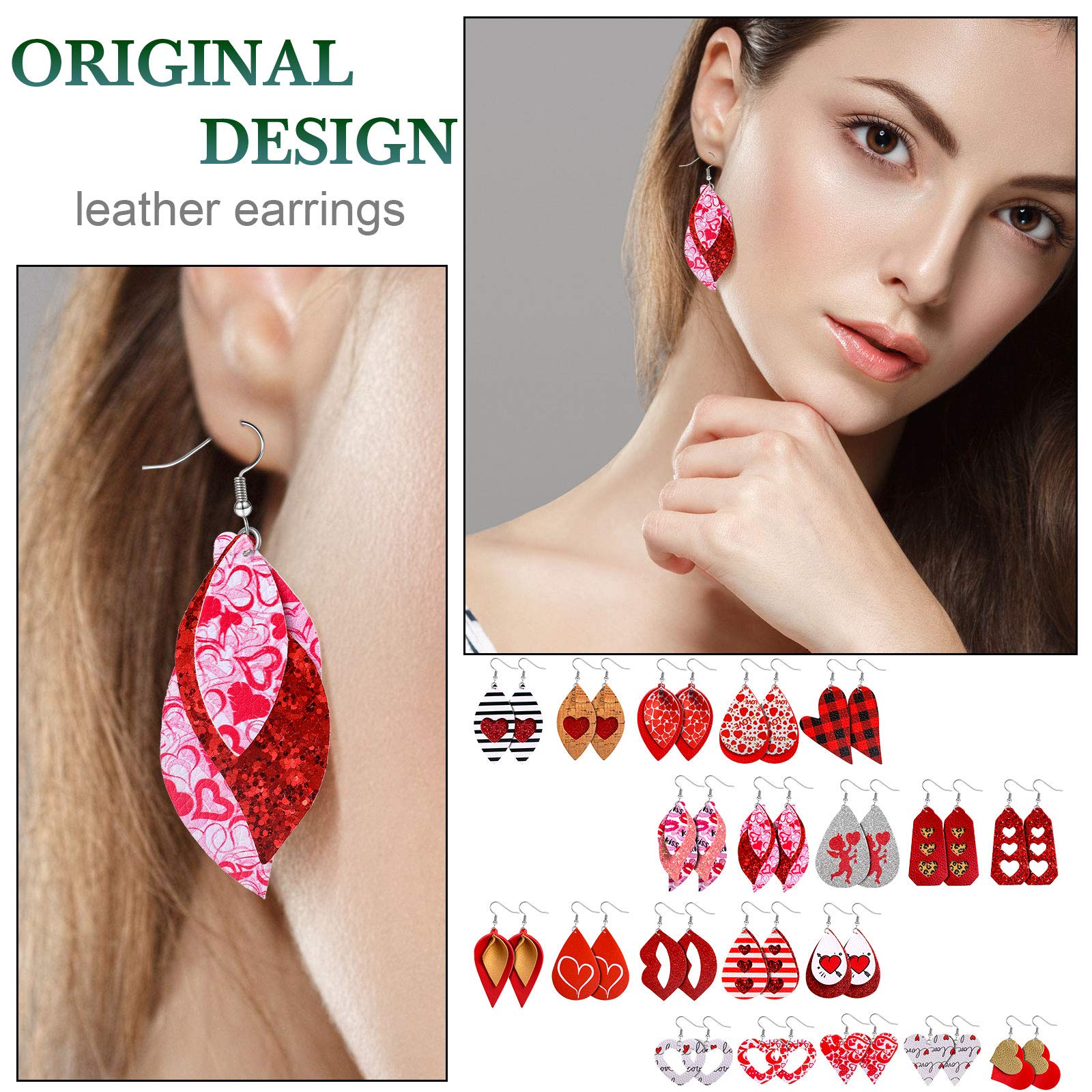 20 Pairs Valentine's Day Leather Earrings for Women Lightweight Faux Leather Teardrop Dangle Earrings Heart-Shaped Print Drop Earrings Set for Valentine's Day Wife Mom Girlfriend