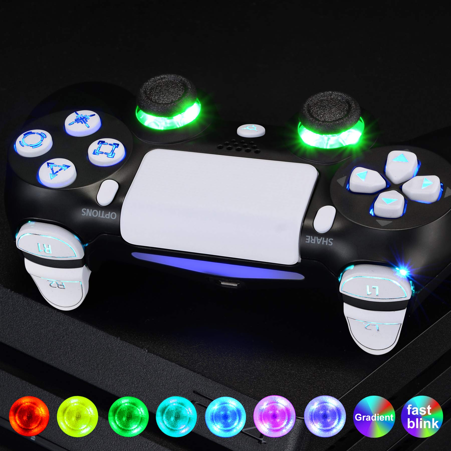 eXtremeRate Multi-Colors Luminated D-pad Thumbstick Trigger Home Face Buttons for PS4 Controller, White Classical Symbols DTFS (DTF 2.0) LED Kit for PS4 Slim Pro Controller - Controller NOT Included