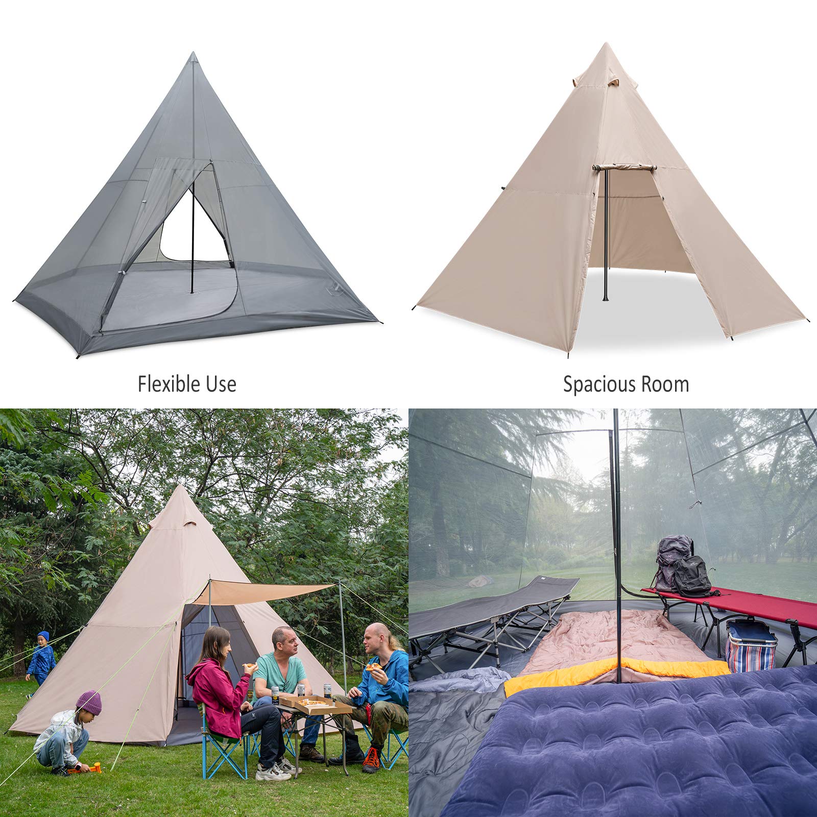 KAZOO Family Camping Tent Large Waterproof Tipi Tents 8 Person Room Teepee Tent Instant Setup Double Layer (Off-White)