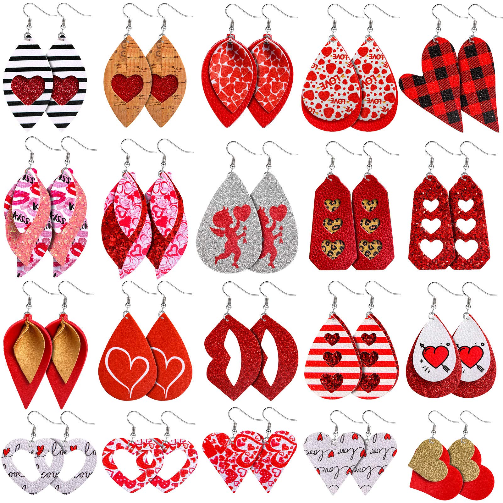 20 Pairs Valentine's Day Leather Earrings for Women Lightweight Faux Leather Teardrop Dangle Earrings Heart-Shaped Print Drop Earrings Set for Valentine's Day Wife Mom Girlfriend