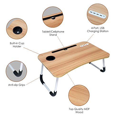 Hometech Solutions Foldable Lap Desk for Laptop and Writing - Includes Tablet Stand and Cup Holder (Wooden)