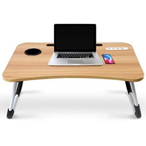 hometech solutions foldable lap desk for laptop and writing - includes tablet stand and cup holder (wooden)