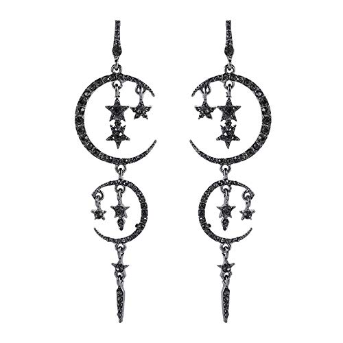 JACKBEGTA Moon and Star Drop Earrings Exaggerated Fashion Long Drop Dangle Stud Drop Earrings for Women,Black