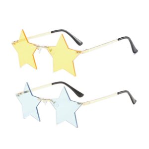 star rimless sunglasses for women/men unique personalized pentagram sun glasses prom party sun mirror (blue+yellow)