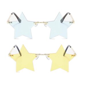 Star Rimless Sunglasses for Women/Men Unique Personalized Pentagram sun glasses Prom Party Sun Mirror (BLUE+YELLOW)