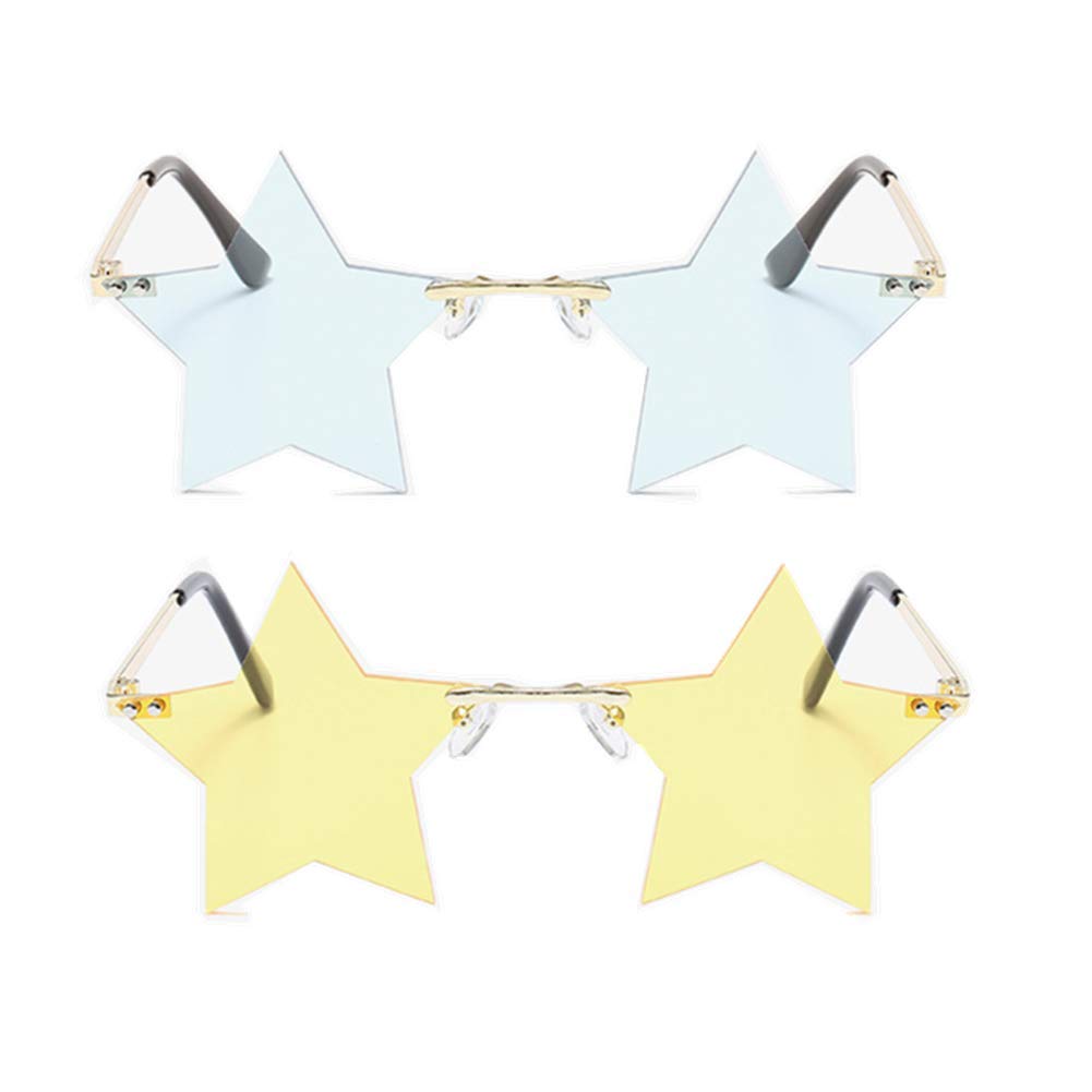 Star Rimless Sunglasses for Women/Men Unique Personalized Pentagram sun glasses Prom Party Sun Mirror (BLUE+YELLOW)