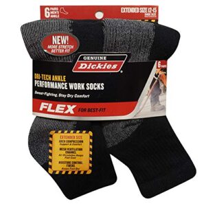 genuine dickies men's dri-tech performance work quarter-length ankle socks (6-pair packs) (black, shoe size: 12-15)