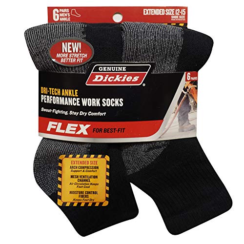 Genuine Dickies Men's Dri-Tech Performance Work Quarter-Length Ankle Socks (6-Pair Packs) (Black, Shoe Size: 12-15)