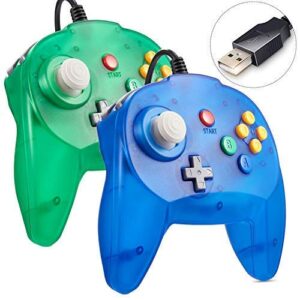 kiwitata 2 pack mini n64 usb controller, retro n64 wired 64-bit upgraded joystick remote game controller for windows pc/mac raspberry pi 3 (ice blue&green)