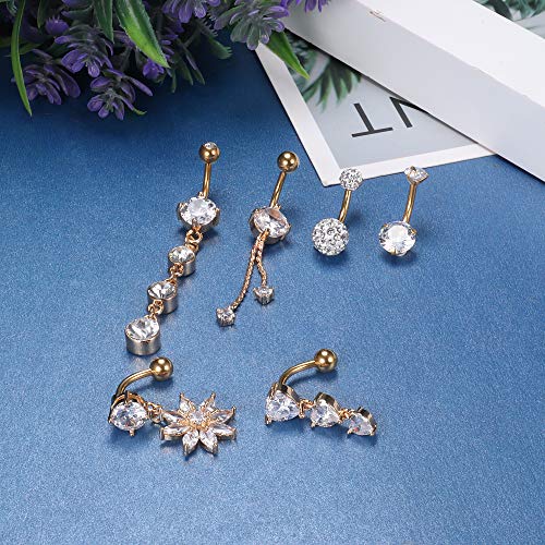 Drperfect 14g Belly Button Rings Cute Cubic Zirconia Navel Ring Piercing, Surgical Steel Long Dangle Short Reverse Belly Button Jewelry for Women…