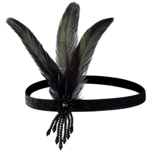 1 pcs 1920s flapper headpiece black feather headband roaring 20s gatsby hair accessories (black)