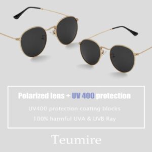 Teumire Small Round Polarized Sunglasses for Women Men Classic Retro Sun Glasses Circle Metal Frame Shades UV Protection(Gold Frame/Black Lens)