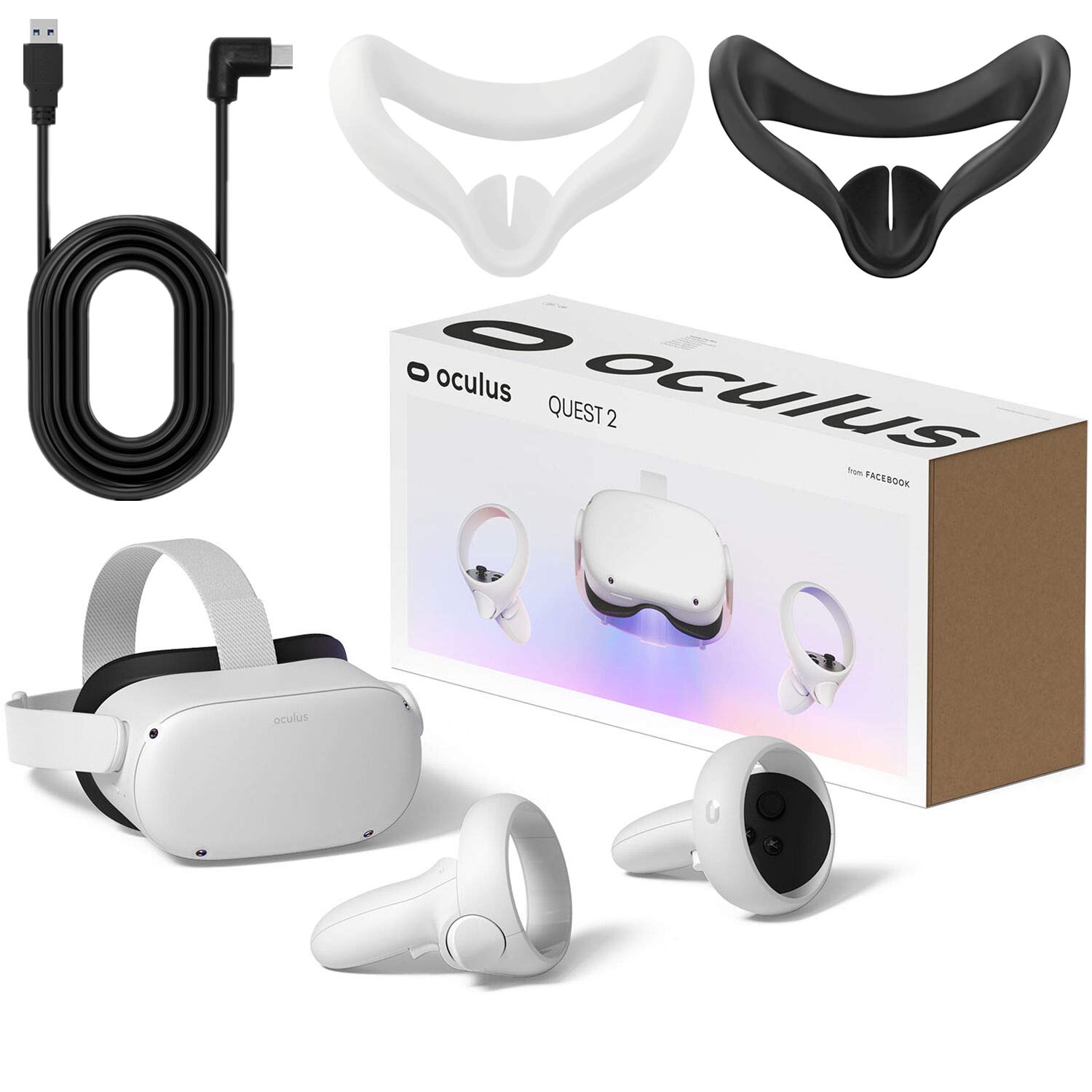 Oculus Quest 2 - Advanced All-in-One Virtual Reality Gaming Headset for Family Holiday - White - 256GB Video - Silicone Mask Pad + 16 Feet USB Type-C Link Cable