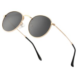 teumire small round polarized sunglasses for women men classic retro sun glasses circle metal frame shades uv protection(gold frame/black lens)