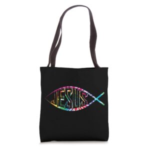 ichthys hippie rainbow tie dye jesus fish tote bag