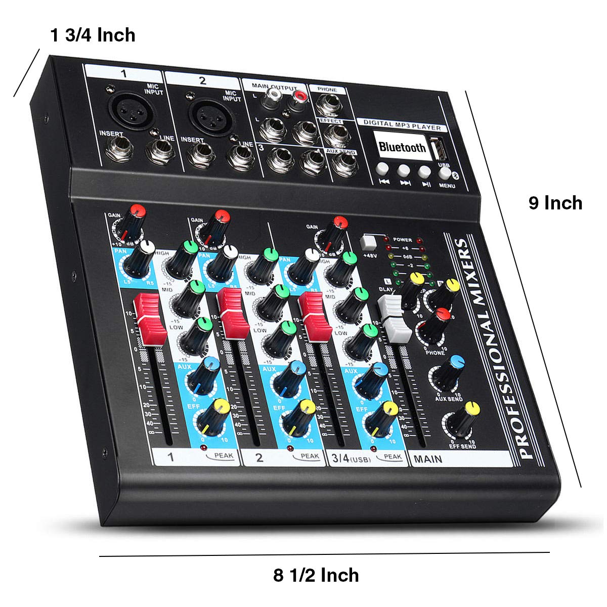 Boytone BT-34MX Professional Audio Mixer Sound Board Console System Interface 4 Channel Digital USB Bluetooth Digital MP3 Computer Input 48V Phantom Power Stereo DJ Studio Streaming FX processor