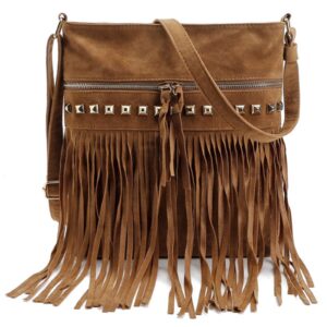 goclothod fringe tassel crossbody bag faux suede hobo shoulder bag rivet tote purse