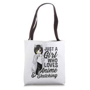 anime girl just a girl who loves anime and sketching drawing tote bag