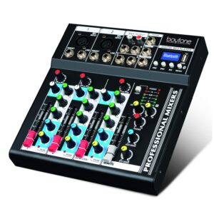 boytone bt-34mx professional audio mixer sound board console system interface 4 channel digital usb bluetooth digital mp3 computer input 48v phantom power stereo dj studio streaming fx processor