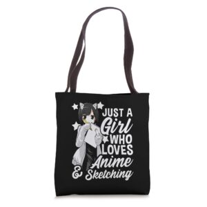 anime girl just a girl who loves anime and sketching drawing tote bag