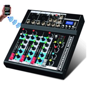 Boytone BT-34MX Professional Audio Mixer Sound Board Console System Interface 4 Channel Digital USB Bluetooth Digital MP3 Computer Input 48V Phantom Power Stereo DJ Studio Streaming FX processor