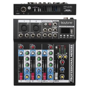 Boytone BT-34MX Professional Audio Mixer Sound Board Console System Interface 4 Channel Digital USB Bluetooth Digital MP3 Computer Input 48V Phantom Power Stereo DJ Studio Streaming FX processor