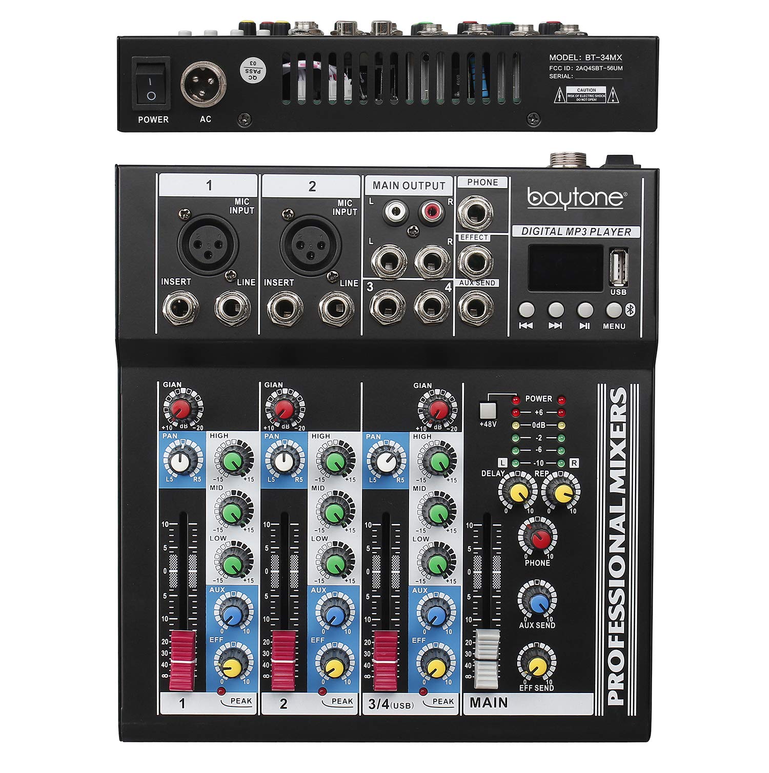 Boytone BT-34MX Professional Audio Mixer Sound Board Console System Interface 4 Channel Digital USB Bluetooth Digital MP3 Computer Input 48V Phantom Power Stereo DJ Studio Streaming FX processor