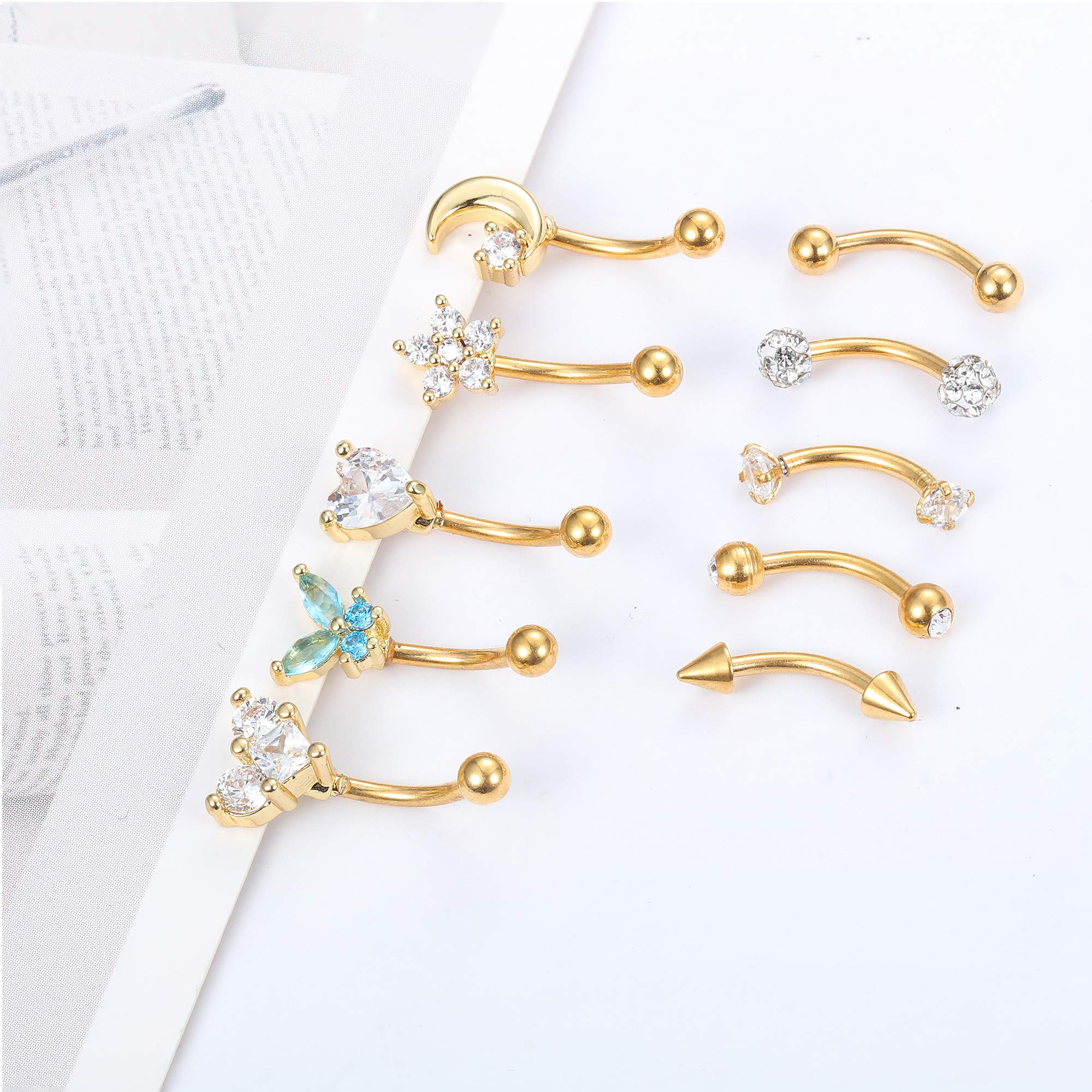 Drperfect 10Pcs 16G Rook Daith Earrings for Women Stainless Steel Belly Lip Ring Cartilage Tragus CZ Body Piercing Curved Barbell Eyebrow Rings 6-8mm