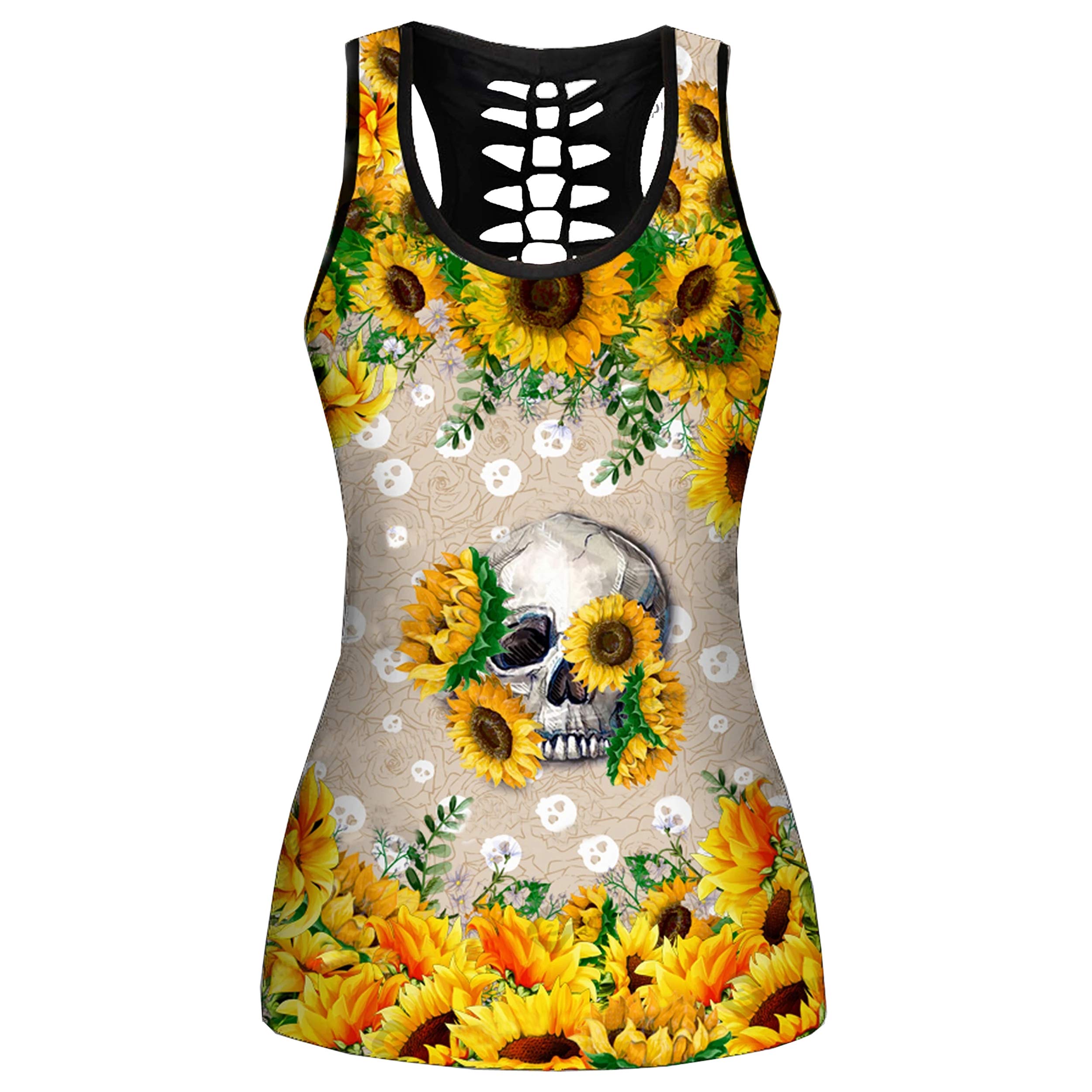 DRZHEAM Women Skull Printed 2 Piece Sweatsuit Outfits Yoga Hollow Out Tank Tops Leggings Activewear (yellow, XL)