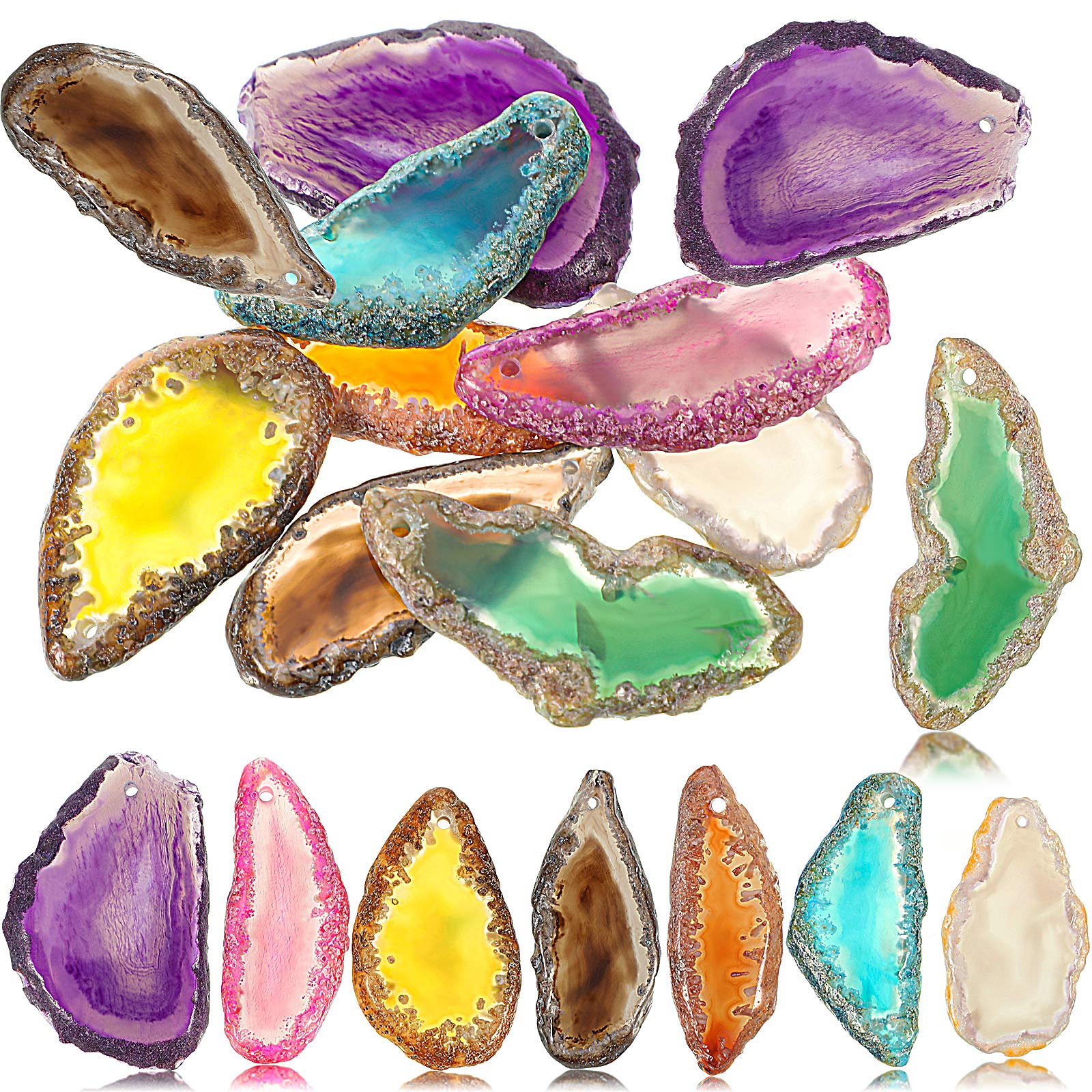 Hicarer 16 Pcs Agate Slices Polished Agate Slices with Holes Irregular Agate Pendants Agate Stone Slices Bulk Drilled Geode Slices for Christmas Women DIY Craft Gifts Jewelry Making(Mix Colors)