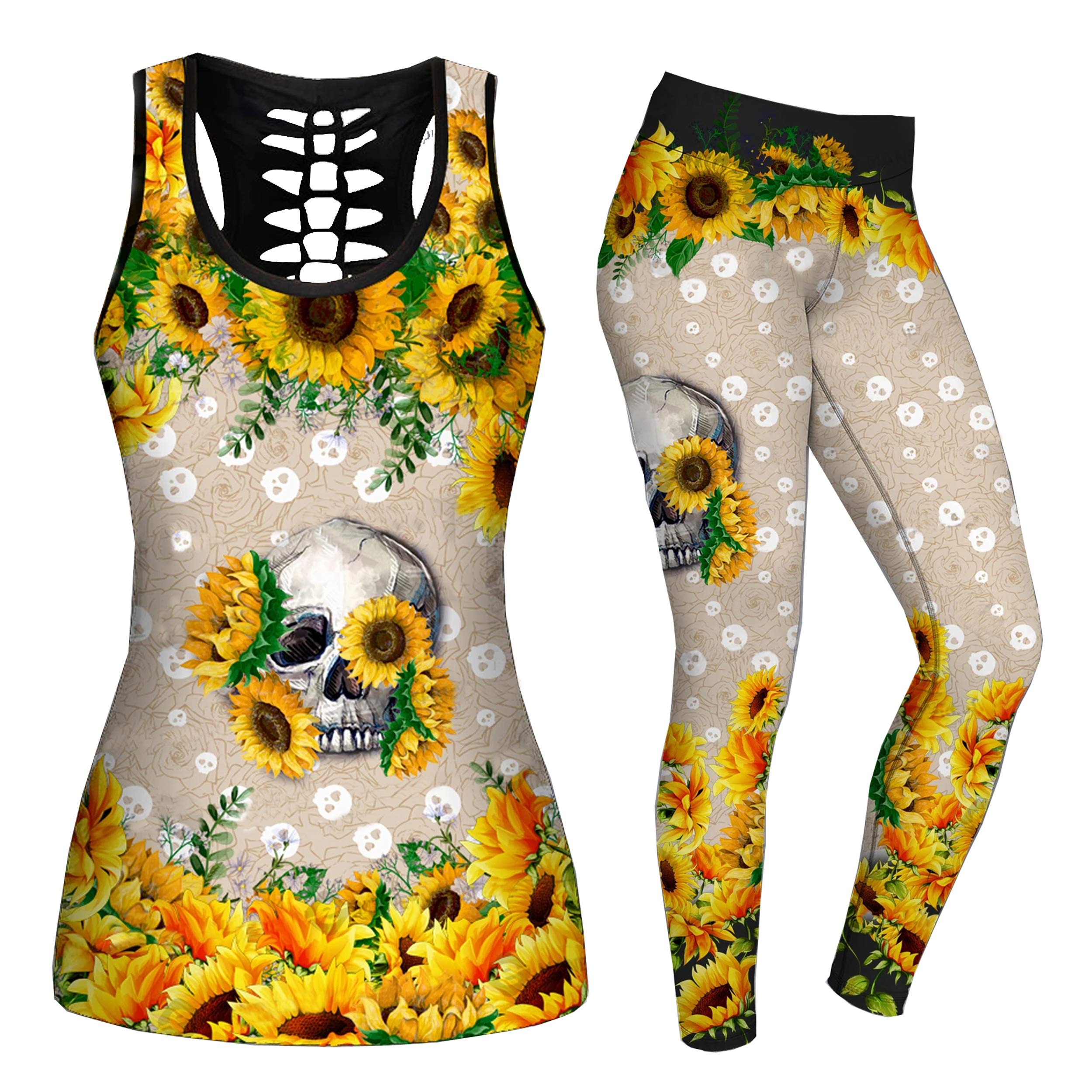 DRZHEAM Women Skull Printed 2 Piece Sweatsuit Outfits Yoga Hollow Out Tank Tops Leggings Activewear (yellow, XL)