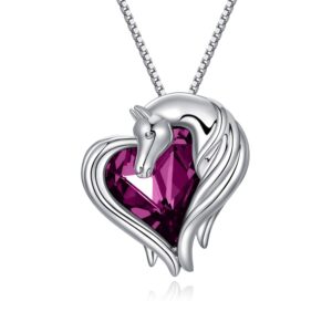 aoboco horse necklace sterling silver horse heart pendant necklace with simulated amethyst purple crystal, animal horse february birthstone jewelry gift for women horse lovers