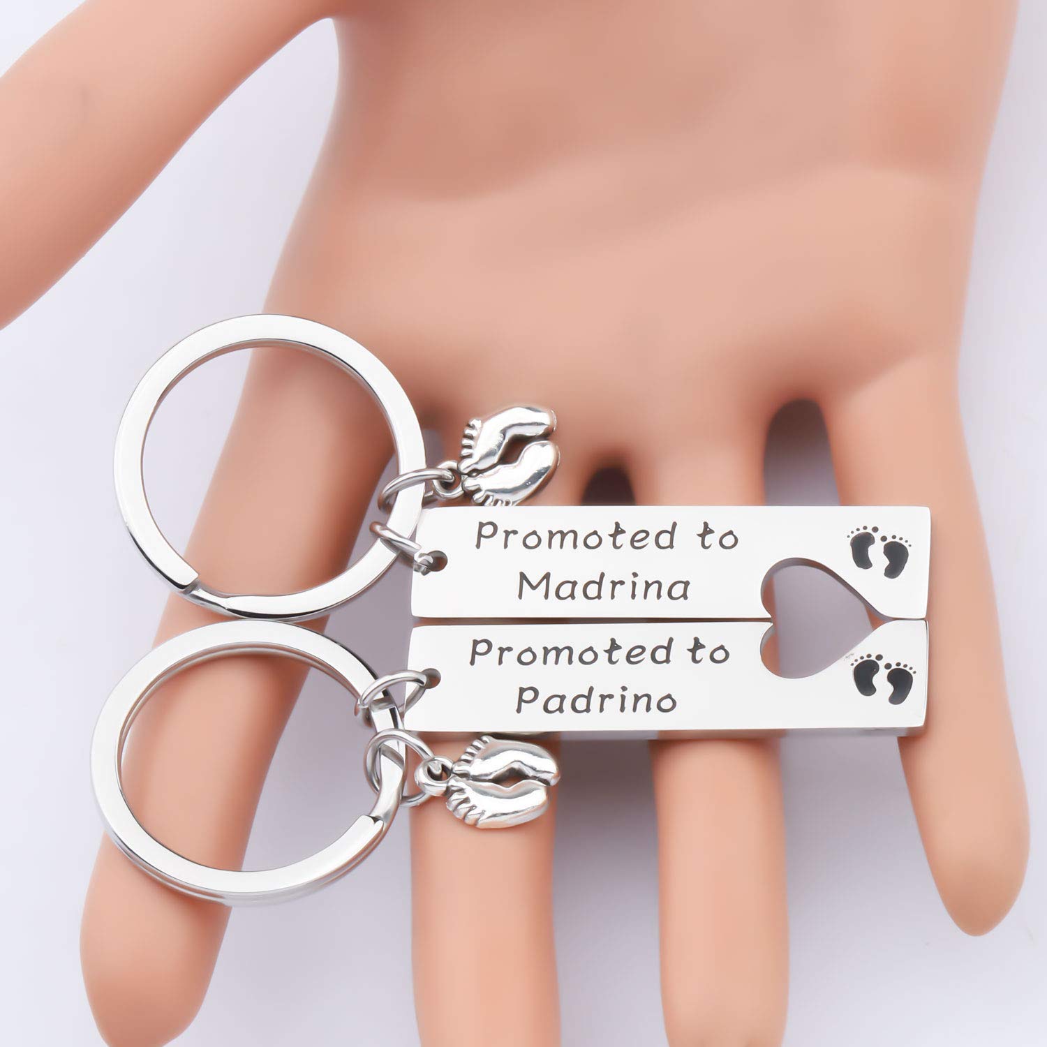 BEKECH New Padrino Madrina Proposal Gift Promoted to Padrino/Madrina Baby Footprint Charm Keychain Set Pregnancy Announcement Gift for New Godparents (keychain set)