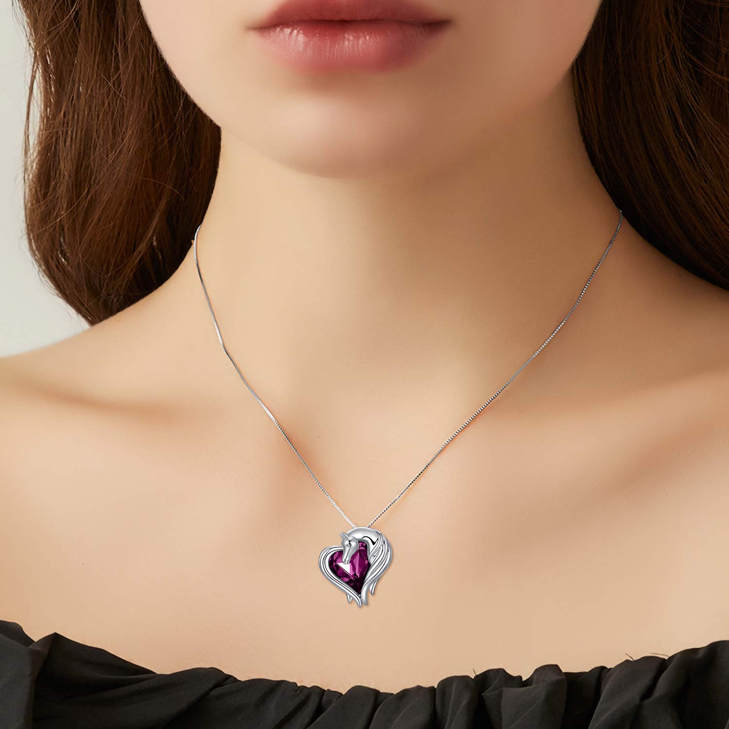 AOBOCO Horse Necklace Sterling Silver Horse Heart Pendant Necklace with Simulated Amethyst Purple Crystal, Animal Horse February Birthstone Jewelry Gift for Women Horse Lovers