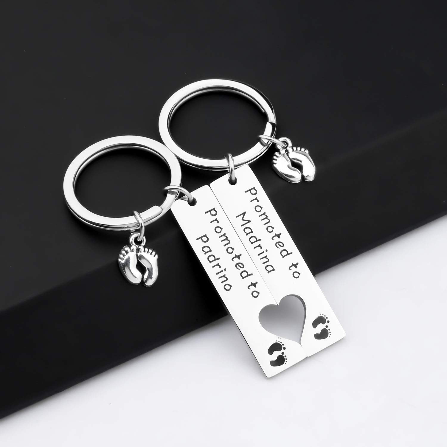 BEKECH New Padrino Madrina Proposal Gift Promoted to Padrino/Madrina Baby Footprint Charm Keychain Set Pregnancy Announcement Gift for New Godparents (keychain set)