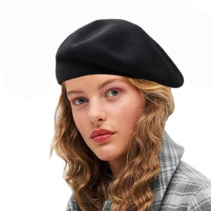 sydbecs cashmere beret hats for women girls, reversible french berets hat solid color style (black)