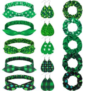 syhood 5 pairs st. patrick's day faux leather earrings teardrop dangle earrings and 5 pieces irish green hair scrunchies and 5 pieces st. patrick's day wire headbands headwrap for women and girls