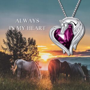 AOBOCO Horse Necklace Sterling Silver Horse Heart Pendant Necklace with Simulated Amethyst Purple Crystal, Animal Horse February Birthstone Jewelry Gift for Women Horse Lovers