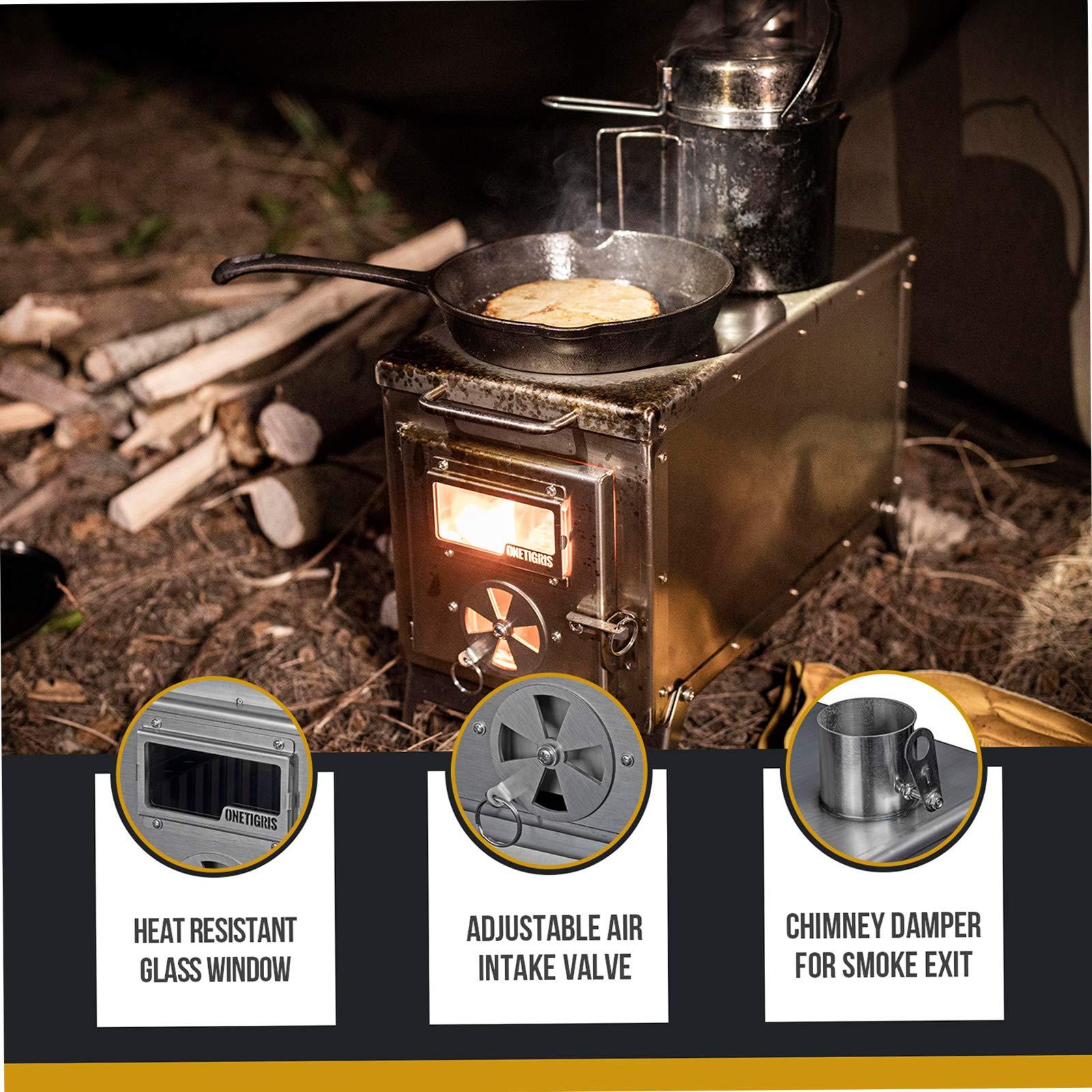 OneTigris TIGER ROAR Tent Stove, Portable Wood Burning Stove for Winter Camping Hunting and Outdoor Cooking, Pipes Included.