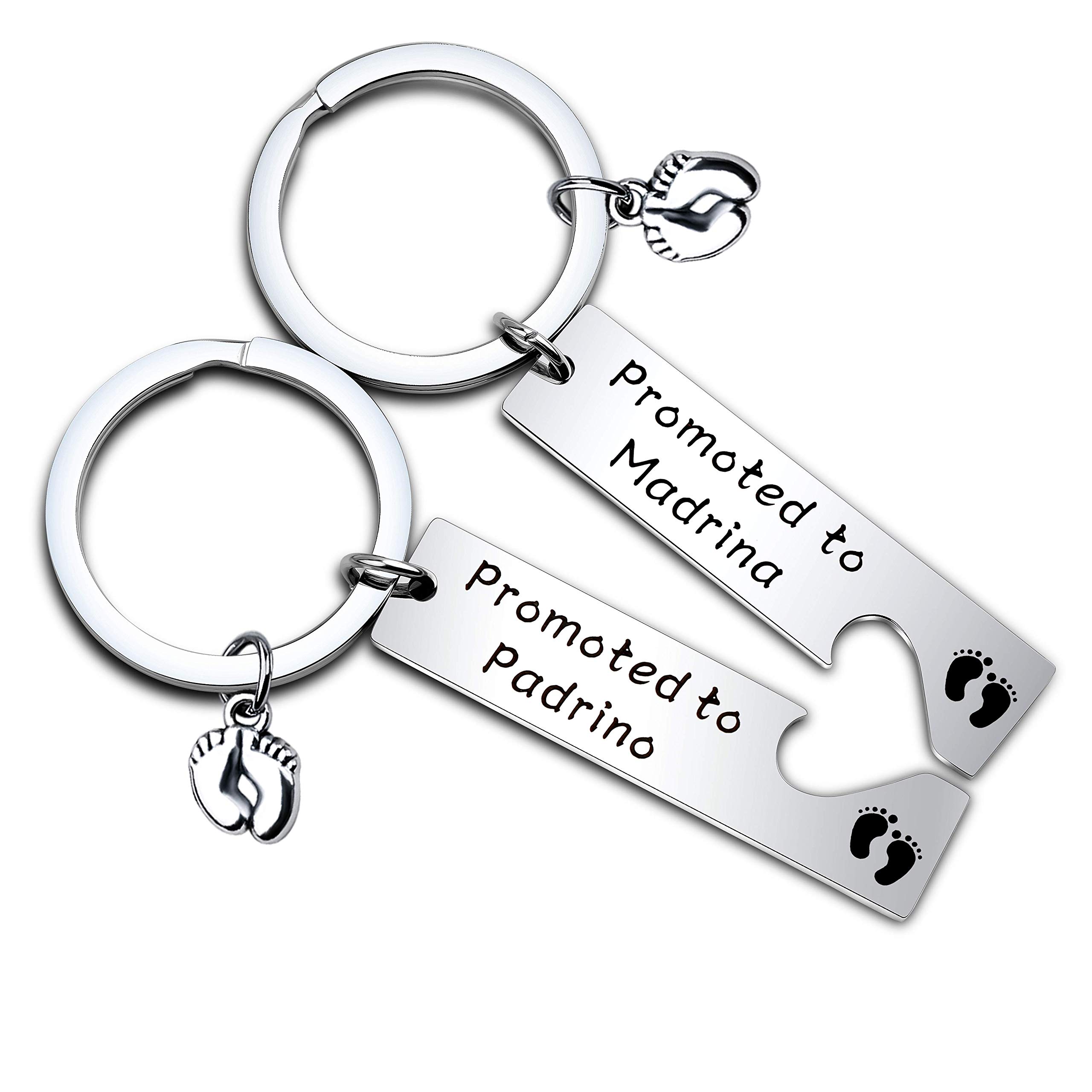 BEKECH New Padrino Madrina Proposal Gift Promoted to Padrino/Madrina Baby Footprint Charm Keychain Set Pregnancy Announcement Gift for New Godparents (keychain set)